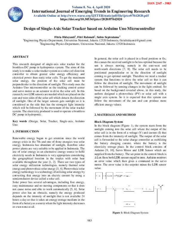 Pdf Design Of Single Axis Solar Tracker Based On Arduino Uno