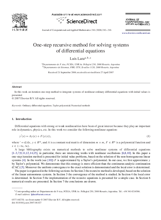 Pdf One Step Recursive Method For Solving Systems Of Differential