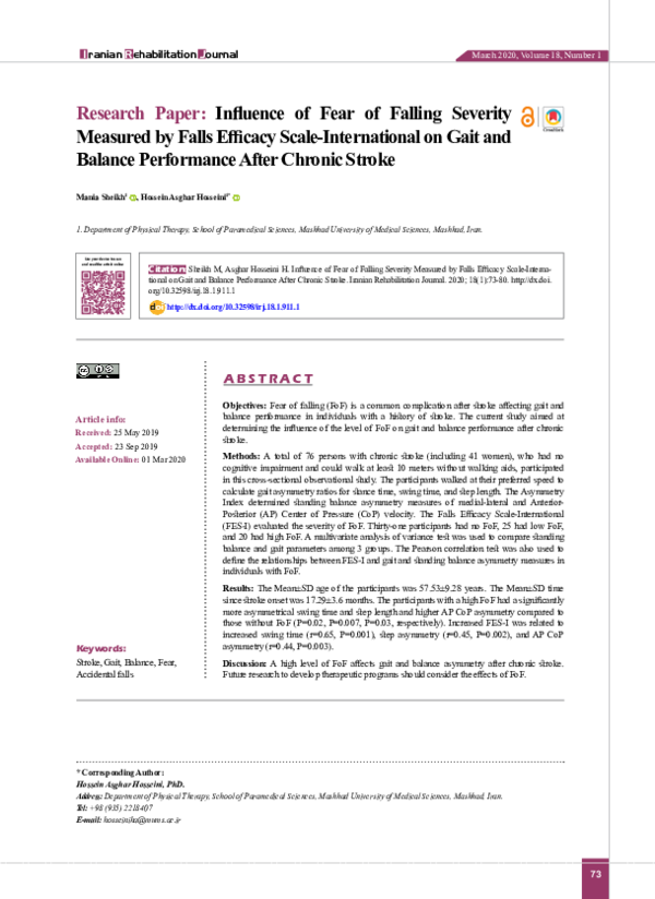 (PDF) Influence of Fear of Falling Severity Measured by Falls Efficacy ...