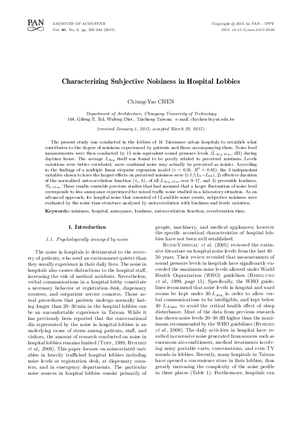 Pdf Characterizing Subjective Noisiness In Hospital Lobbies