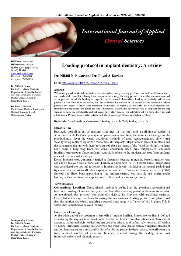 (PDF) Loading protocol in implant dentistry: A review Dr. Nikhil N Pawar and Dr. Payal A Karkar