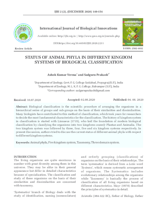 (PDF) STATUS OF ANIMAL PHYLA IN DIFFERENT KINGDOM SYSTEMS OF BIOLOGICAL ...