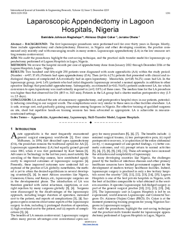 (PDF) LAPAROSCOPIC APPENDECTOMY IN LAGOON HOSPITALS, NIGERIA