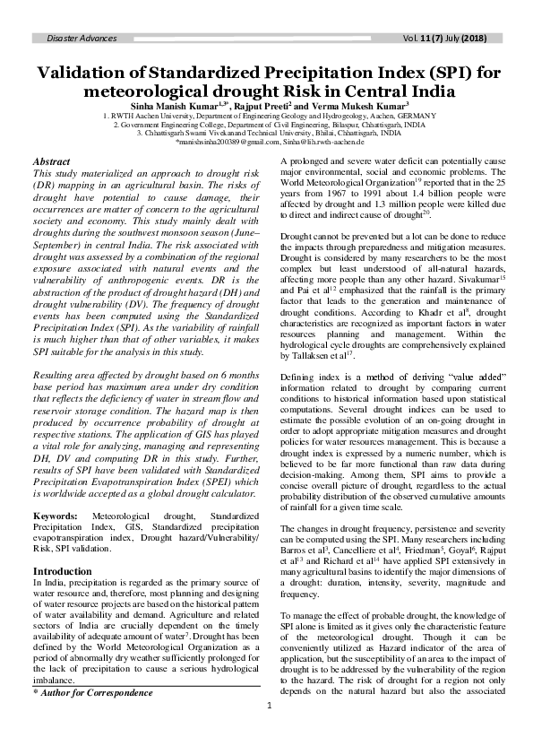 (PDF) Validation of Standardized Precipitation Index (SPI) for meteorological drought Risk in ...