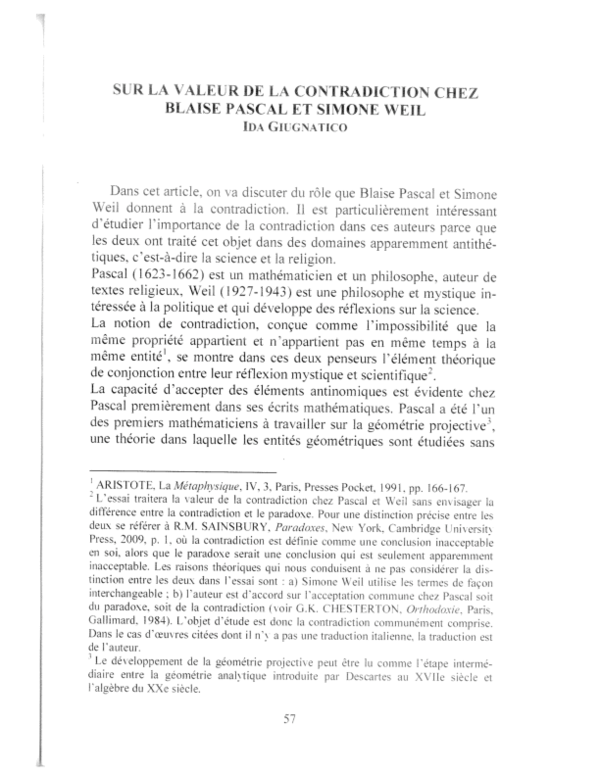 (PDF) Sur la valeur de la contradiction chez Blaise Pascal et Simone Weil