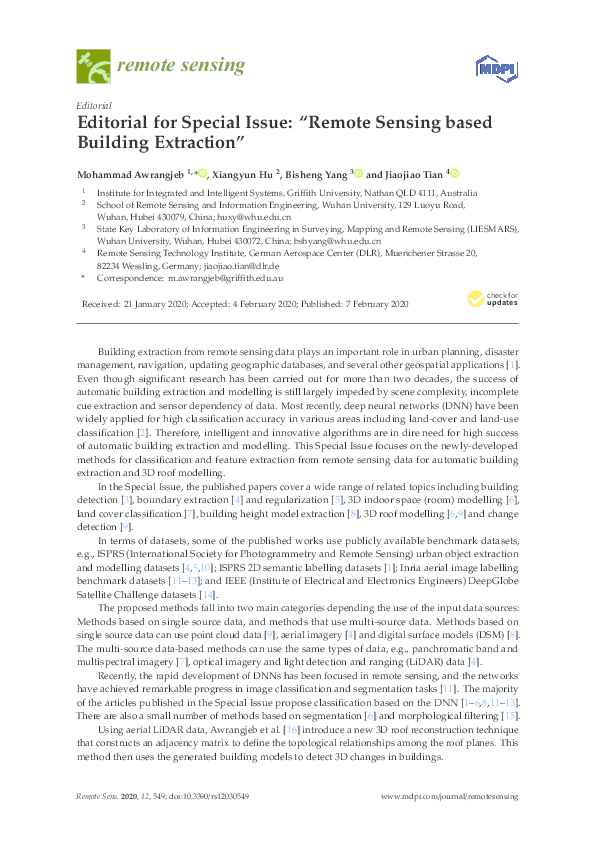 (PDF) Editorial for Special Issue: “Remote Sensing based Building Extraction”