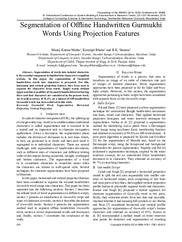 (PDF) Segmentation of Offline Handwritten Gurmukhi Words Using Projection Features
