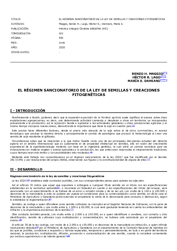 Pdf El Régimen Sancionatorio De La Ley De Semillas Y Creaciones