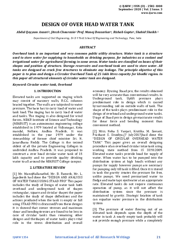 (PDF) DESIGN OF OVER HEAD WATER TANK