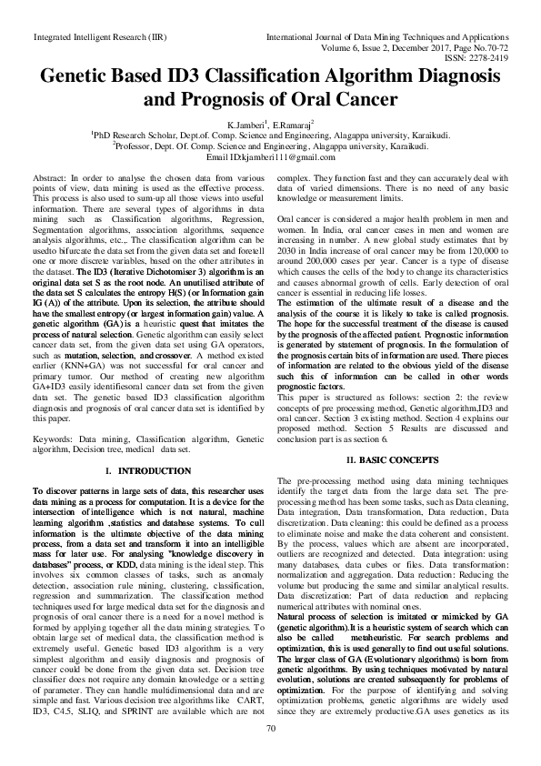 (PDF) Genetic Based ID3 Classification Algorithm Diagnosis and Prognosis of Oral Cancer