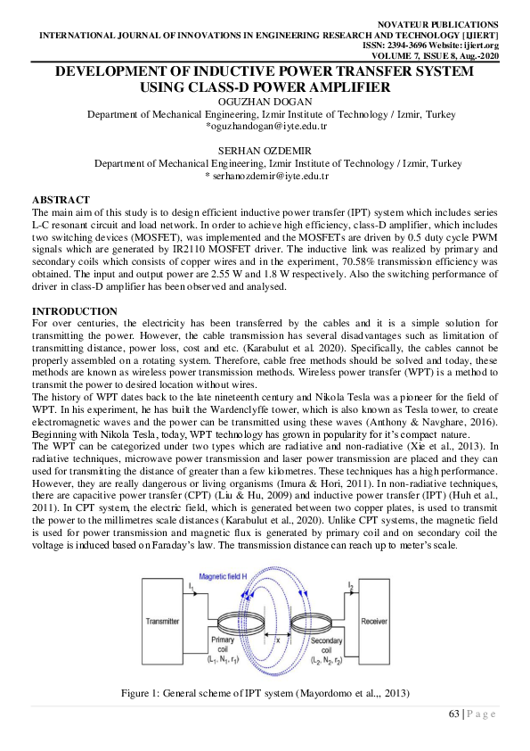 (PDF) IJIERT- DEVELOPMENT OF INDUCTIVE POWER TRANSFER SYSTEM USING CLASS-D POWER AMPLIFIER