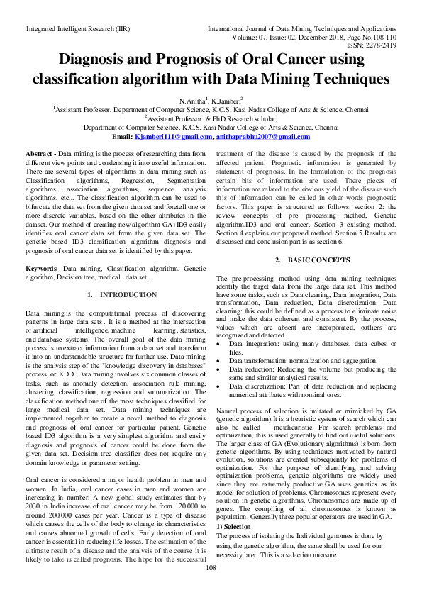 Pdf Diagnosis And Prognosis Of Oral Cancer Using Classification Algorithm With Data Mining