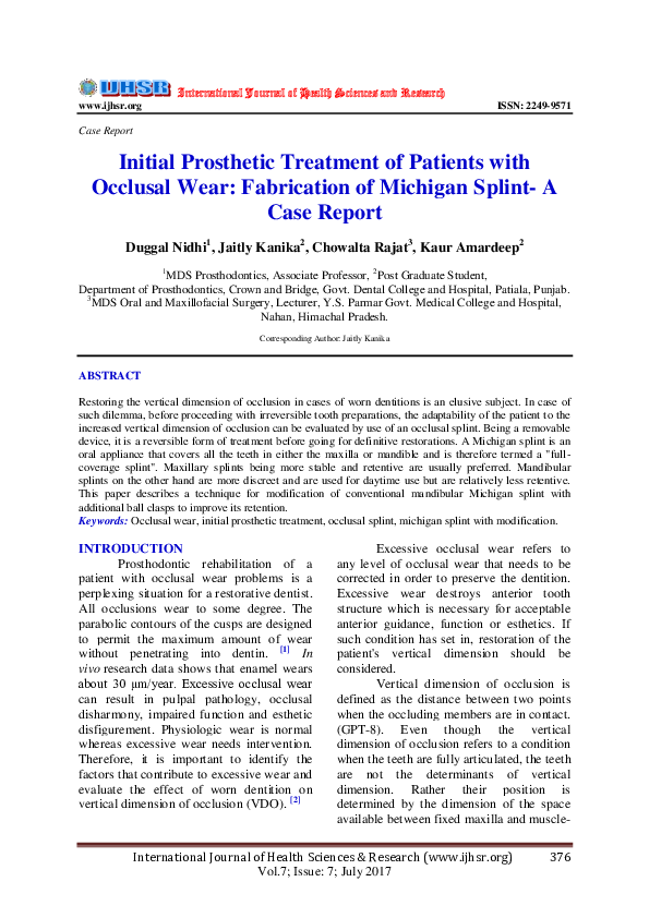 (PDF) Initial Prosthetic Treatment of Patients with Occlusal Wear ...