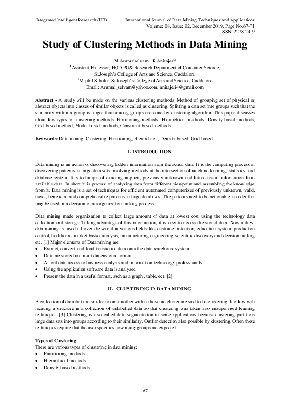 (PDF) Study of Clustering Methods in Data Mining