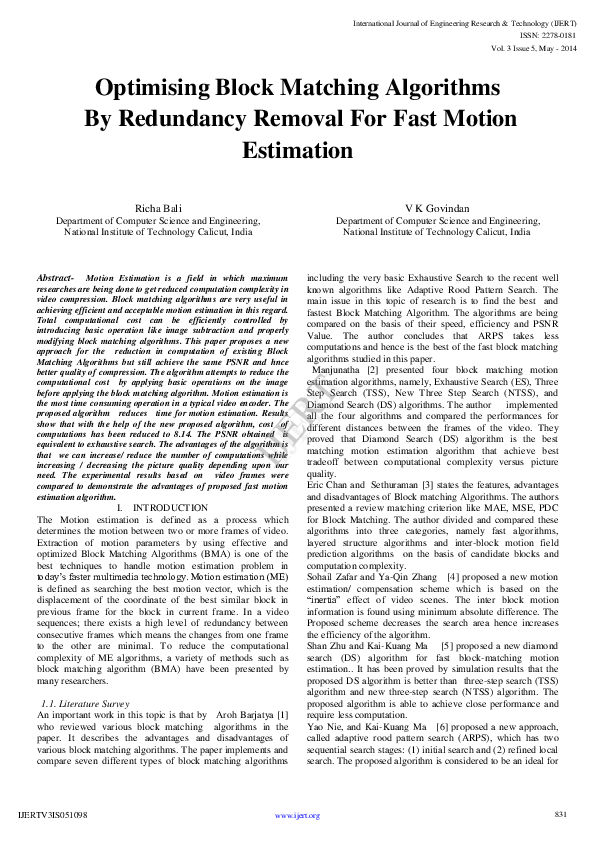 Pdf Ijert Optimising Block Matching Algorithms By Redundancy Removal For Fast Motion