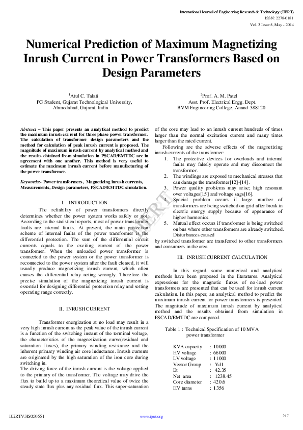 Pdf Ijert Numerical Prediction Of Maximum Magnetizing Inrush Current In Power Transformers
