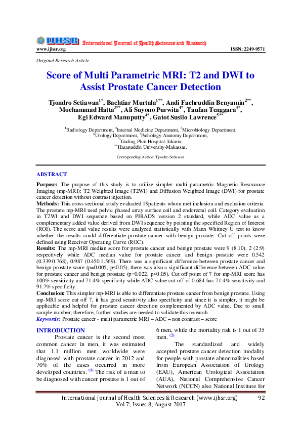(PDF) Score of Multi Parametric MRI: T2 and DWI to Assist Prostate ...