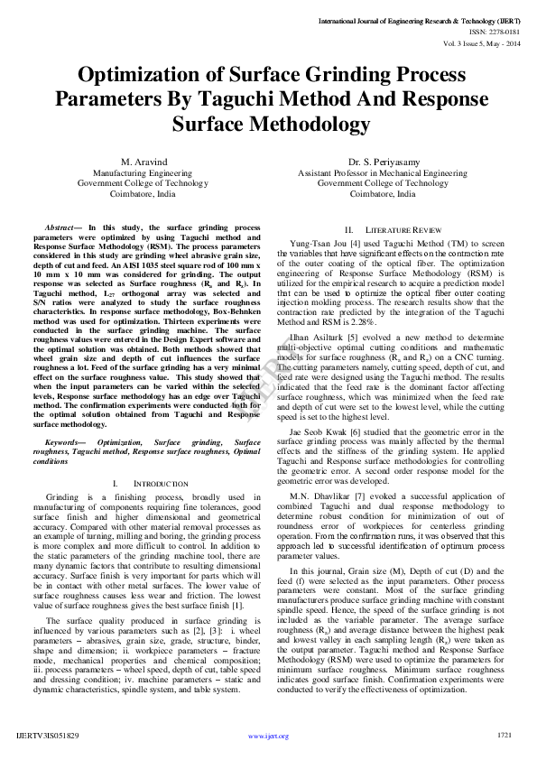 Pdf Ijert Optimization Of Surface Grinding Process Parameters By
