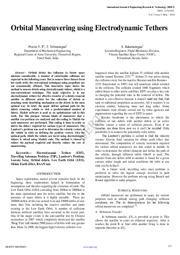 (PDF) IJERT-Orbital Maneuvering using Electrodynamic Tethers