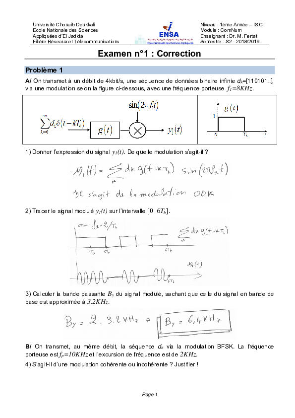 (PDF) Examen n°1 : Correction Problème 1