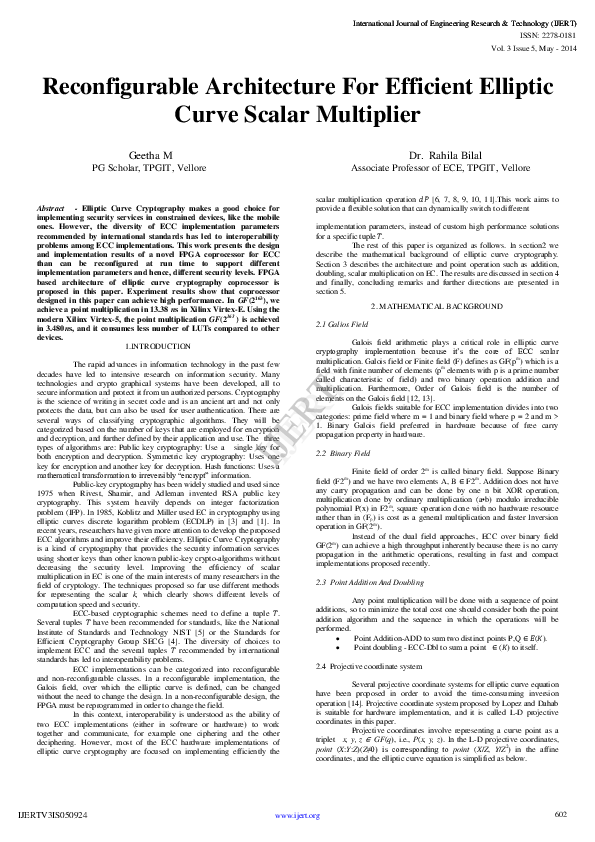 (PDF) IJERT-Reconfigurable Architecture For Efficient Elliptic Curve ... (PDF) IJERT-Reconfigurable Architecture For Efficient Elliptic Curve ...