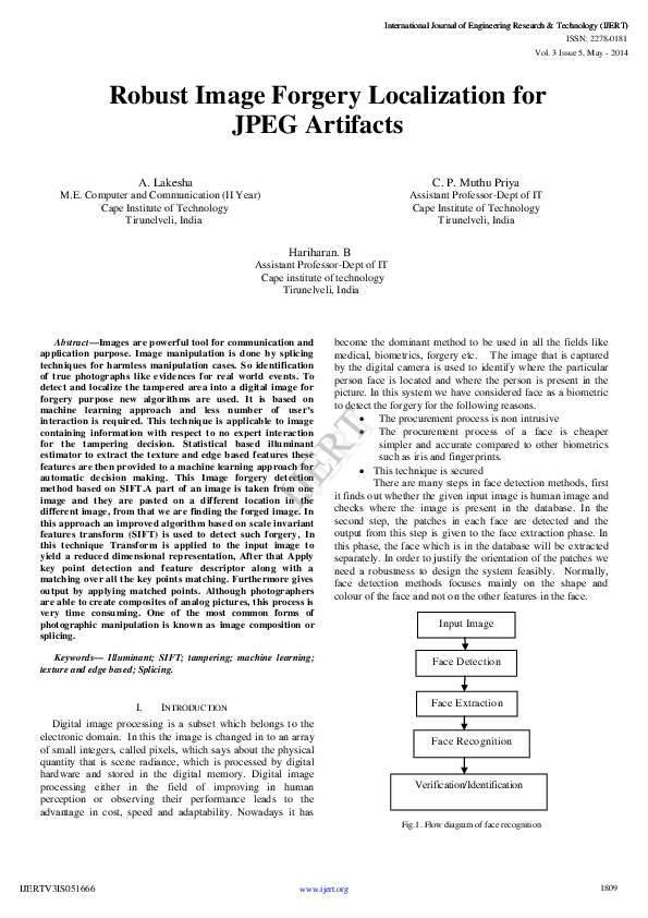 Pdf Ijert Robust Image Forgery Localization For Jpeg Artifacts Ijert Journal