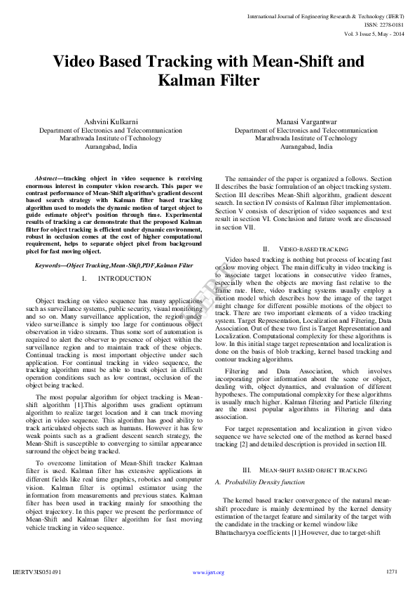 Pdf Ijert Video Based Tracking With Mean Shift And Kalman Filter