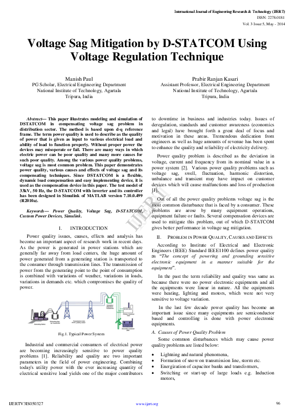 Pdf Ijert Voltage Sag Mitigation By D Statcom Using Voltage