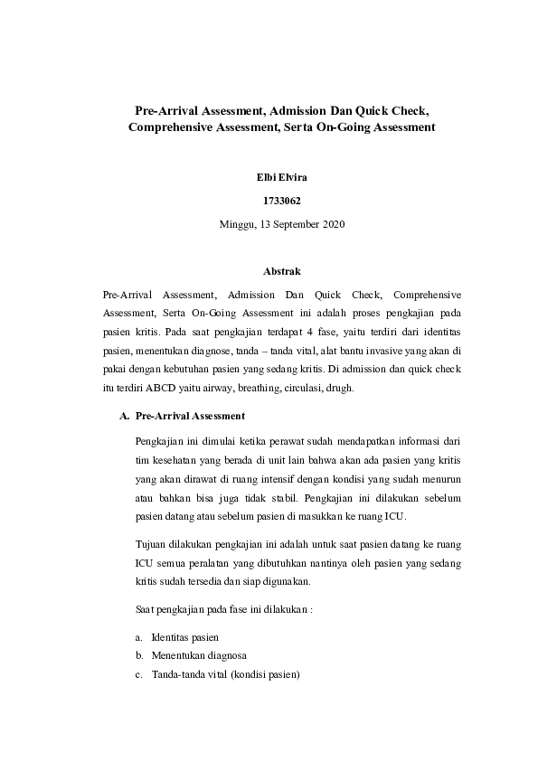 (DOC) Pre-Arrival Assessment, Admission Dan Quick Check, Comprehensive ...