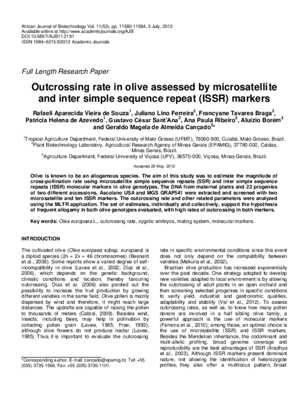 (PDF) Outcrossing rate in olive assessed by microsatellite and inter simple sequence repeat ...