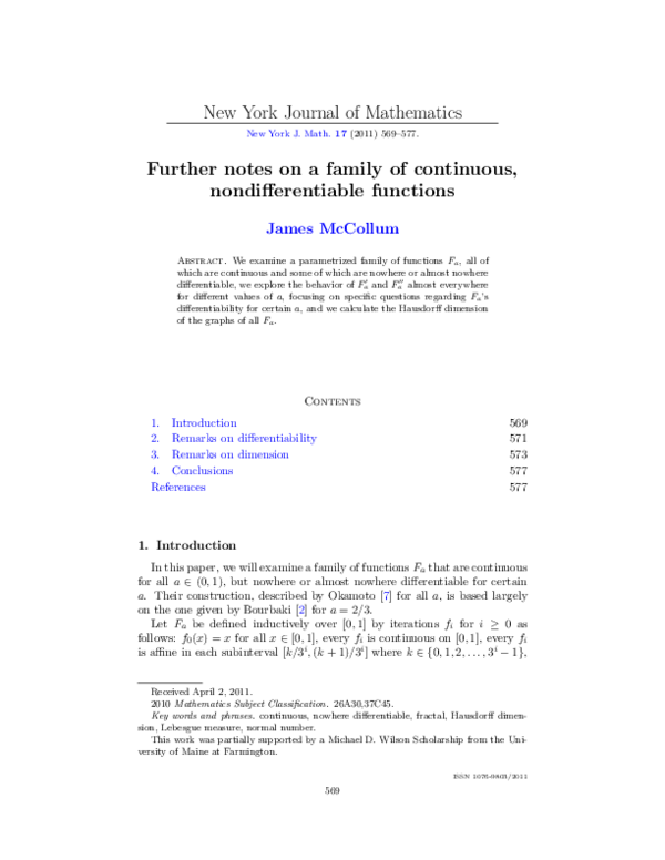 (PDF) Further Notes on a Family of Continuous, Nondifferentiable Functions