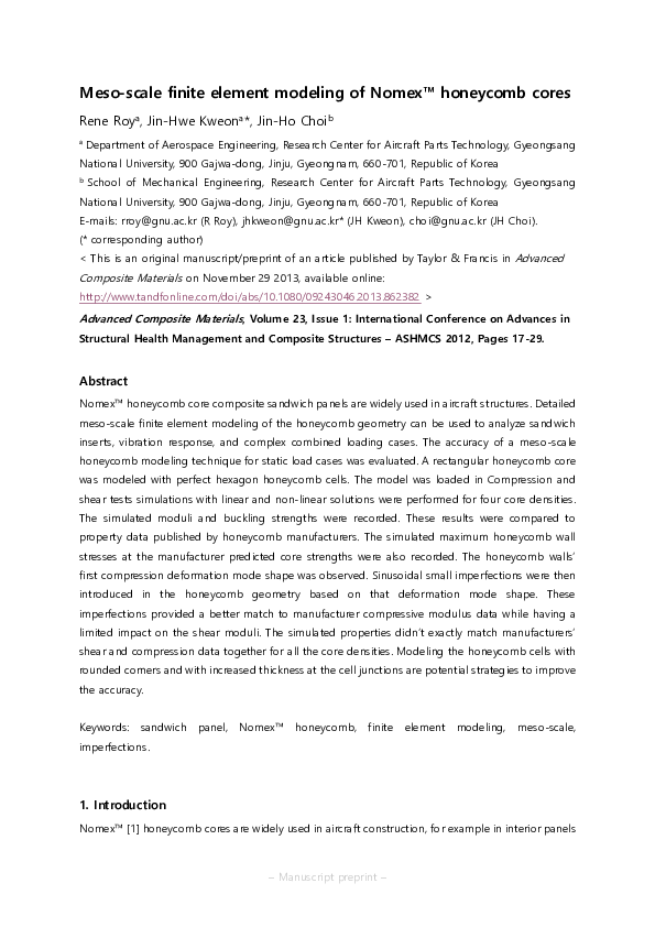 Pdf Meso Scale Finite Element Modeling Of Nomex™ Honeycomb Cores
