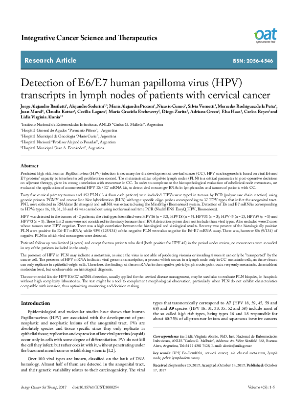 (PDF) Detection of E6/E7 human papilloma virus (HPV) transcripts in ...