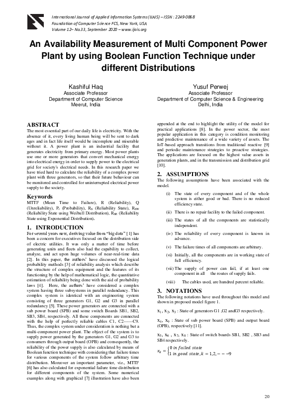 (PDF) An Availability Measurement of Multi Component Power Plant by Using Boolean Function ...