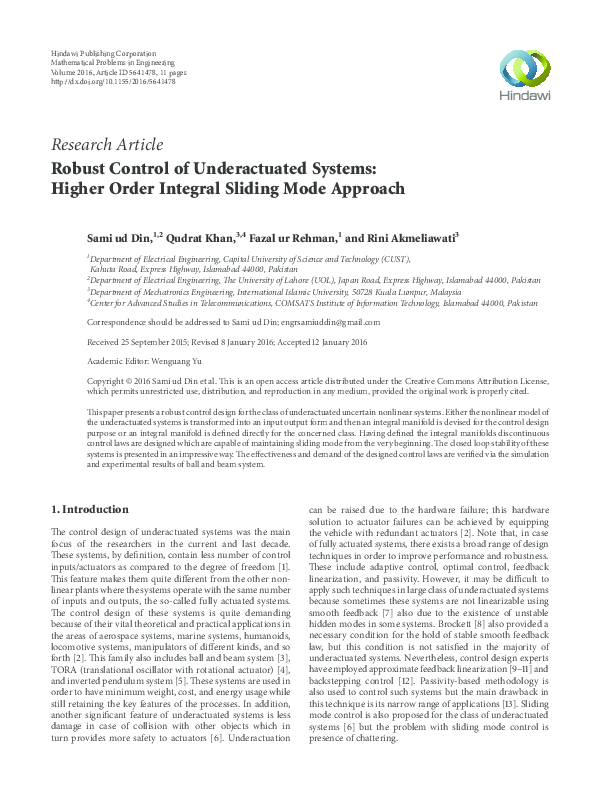 (PDF) Robust Control of Underactuated Systems: Higher Order Integral ... (PDF) Robust Control of Underactuated Systems: Higher Order Integral ...