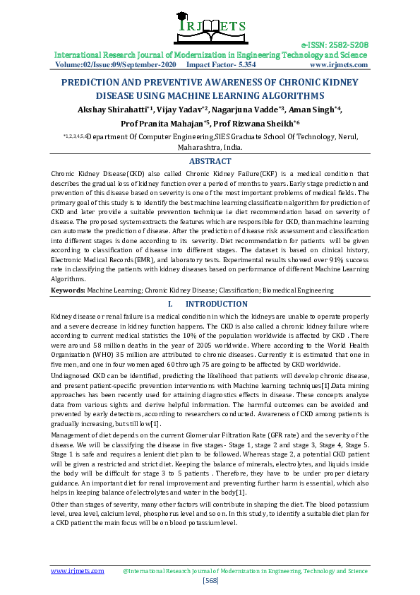 (PDF) PREDICTION AND PREVENTIVE AWARENESS OF CHRONIC KIDNEY DISEASE USING MACHINE LEARNING ...