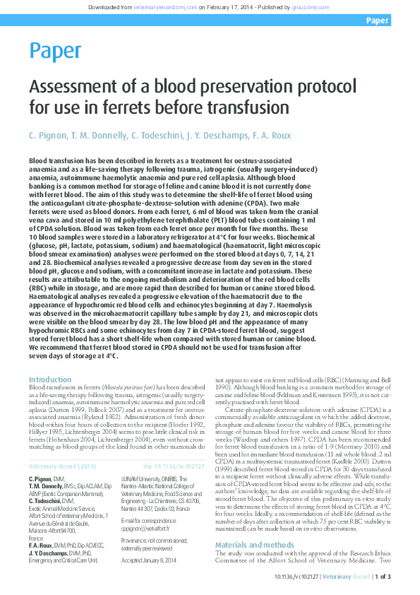(PDF) Assessment of a blood preservation protocol for use in ferrets ...