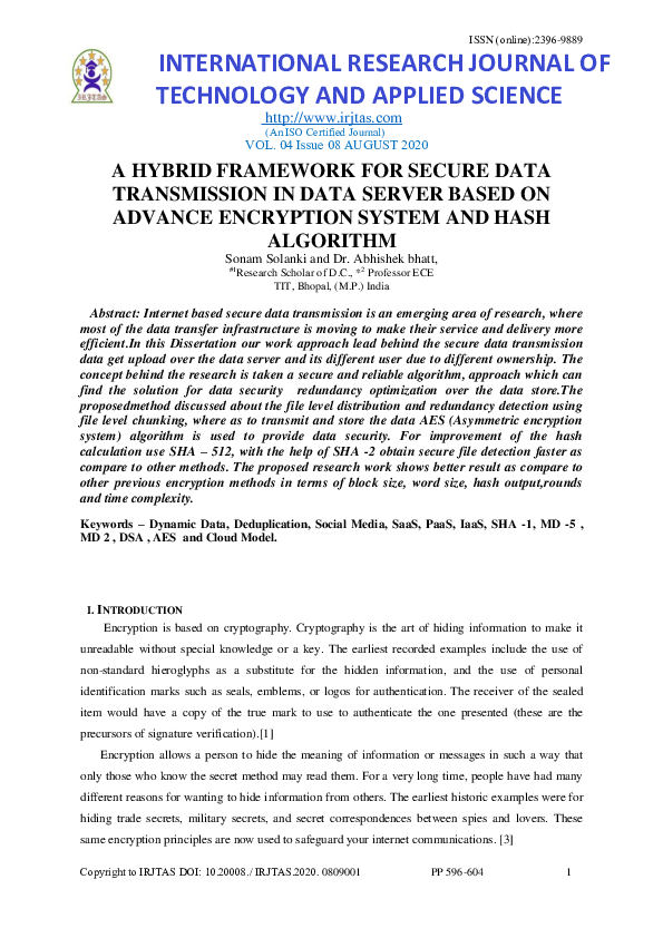 Pdf A Hybrid Framework For Secure Data Transmission In Data Server Based On Advance Encryption