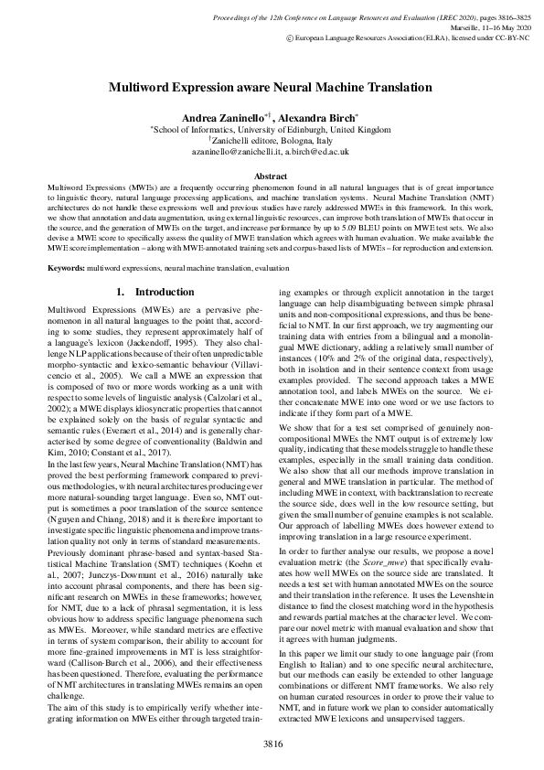 (PDF) Multiword Expression aware Neural Machine Translation