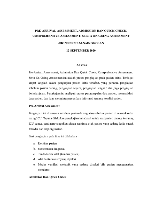 (DOC) PRE-ARRIVAL ASSESSMENT, ADMISSION DAN QUICK CHECK, COMPREHENSIVE ...