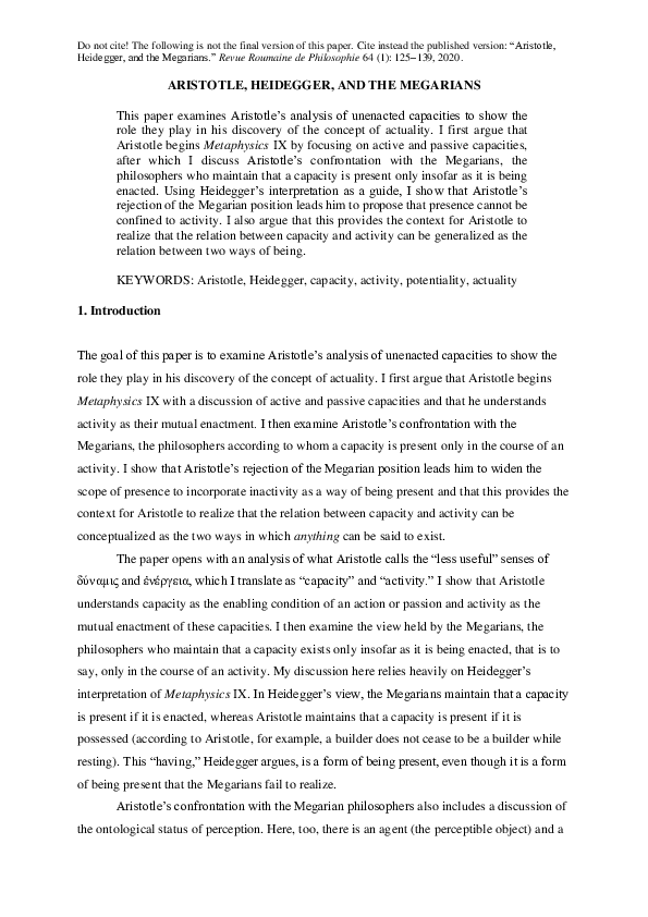 (PDF) Aristotle, Heidegger, and the Megarians