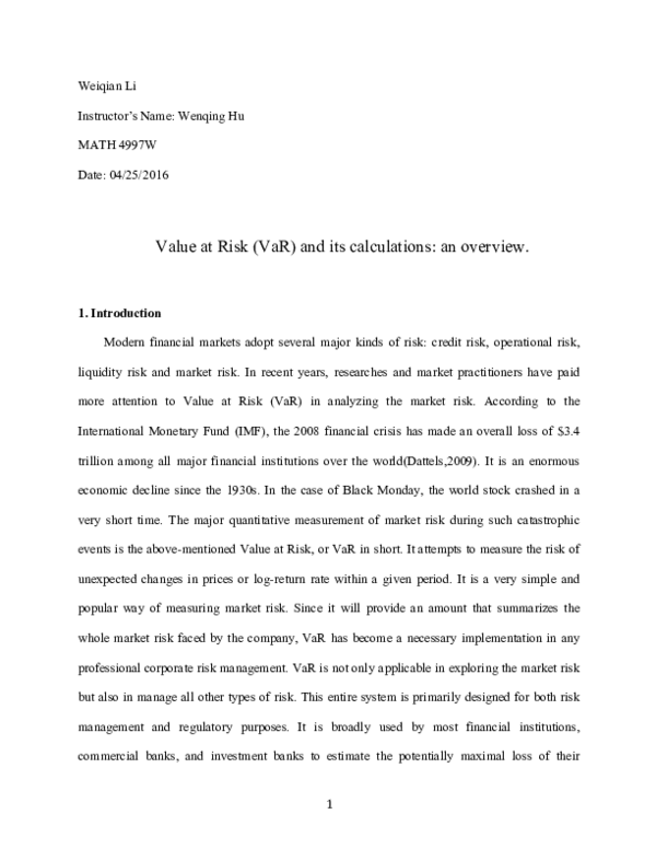 (PDF) Value at Risk (VaR) and its calculations: an overview