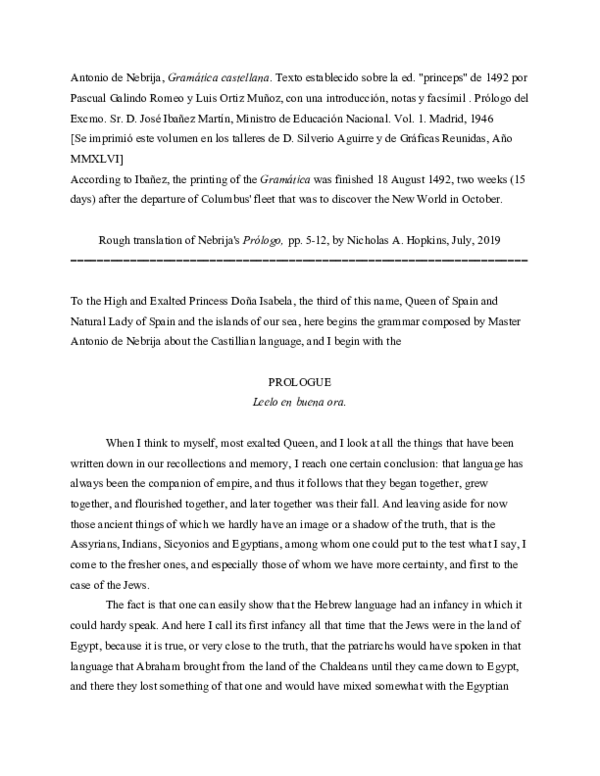 (DOC) Antonio de Nebrija, 1492. Gramática castellana. (Intro)