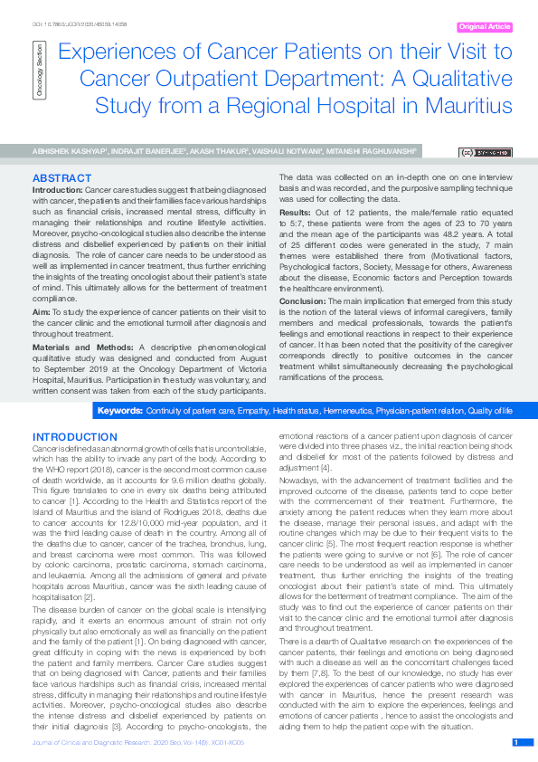(PDF) Experiences of Cancer Patients on their Visit to Cancer ...