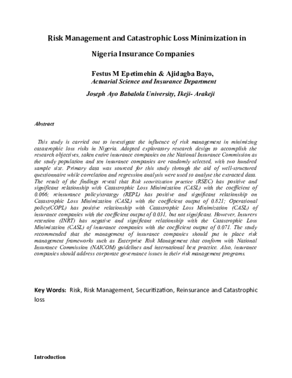 (DOC) Risk Management and Catastrophic Loss Minimization in Nigeria ...