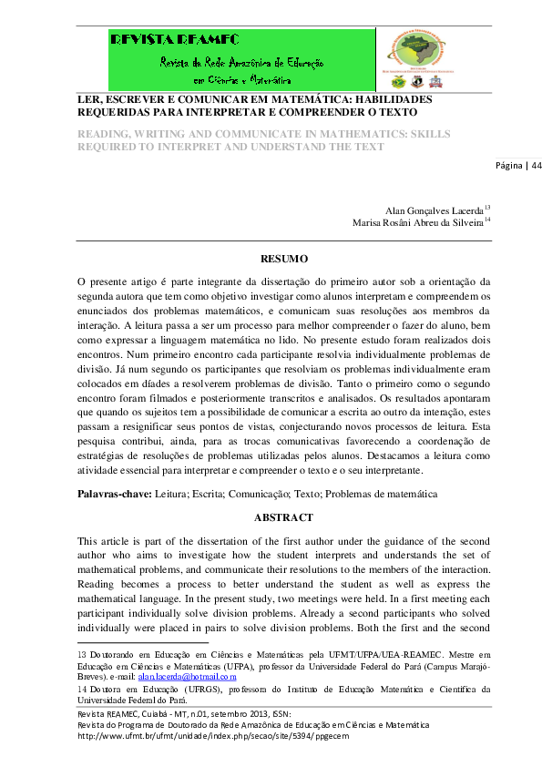 (PDF) LER, ESCREVER E COMUNICAR EM MATEMÁTICA: HABILIDADES REQUERIDAS PARA INTERPRETAR E ...