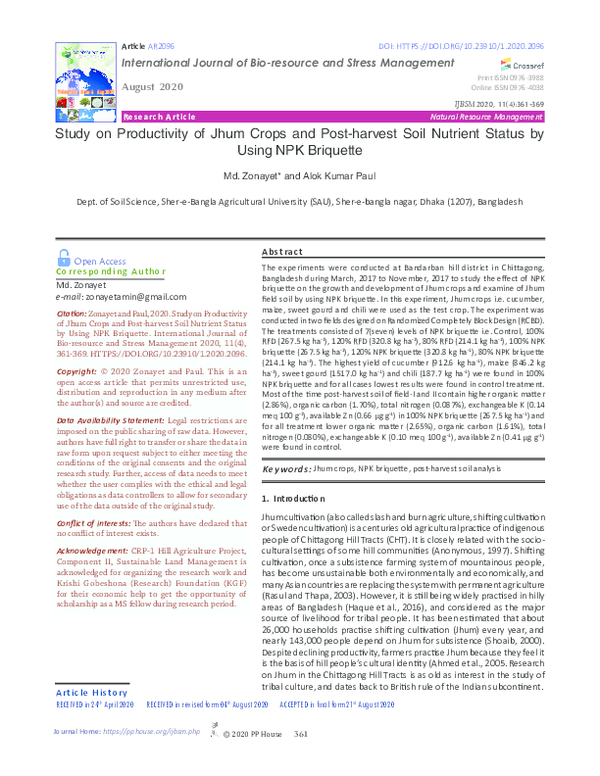 (PDF) Study on Productivity of Jhum Crops and Post-harvest Soil Nutrient Status by Using NPK ...