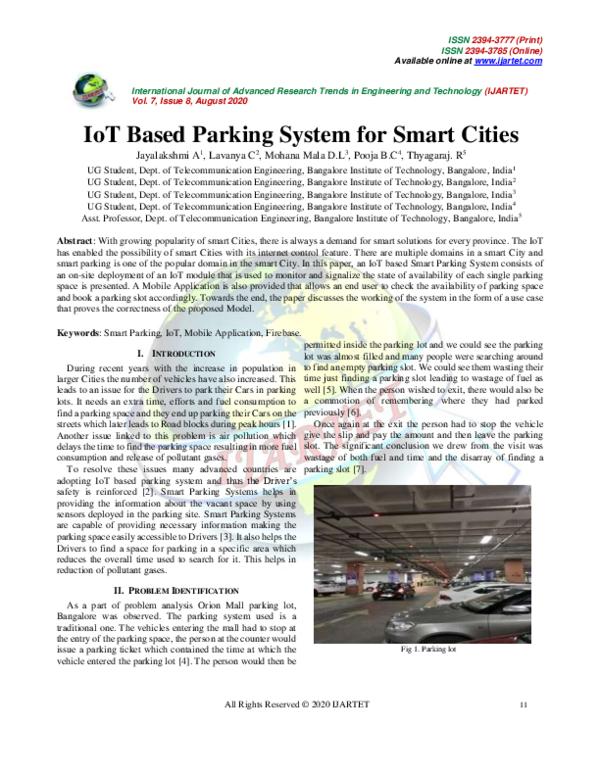 (PDF) IoT Based Parking System for Smart Cities