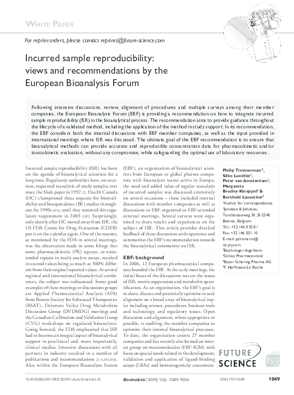 (PDF) Incurred sample reproducibility: views and recommendations by the ...
