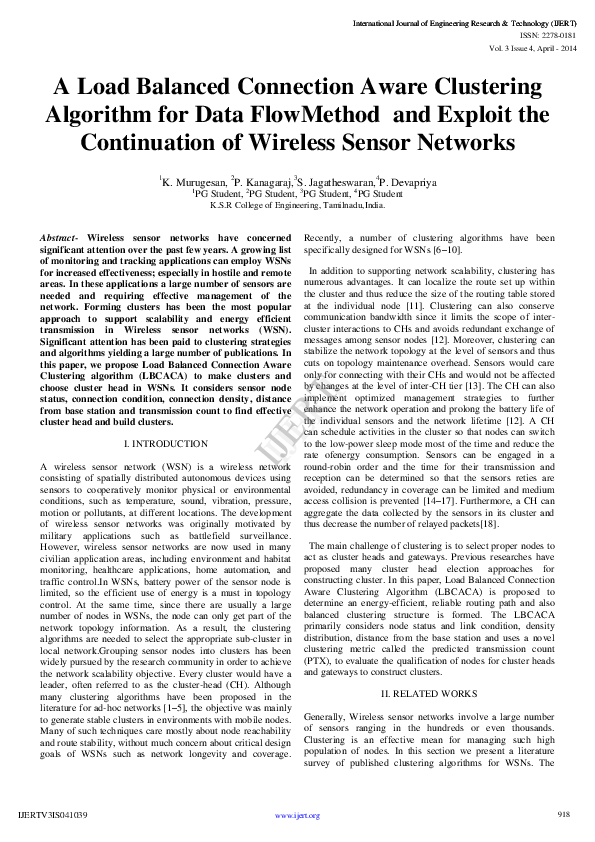 Pdf Ijert A Load Balanced Connection Aware Clustering Algorithm For